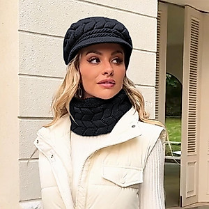 Loritta Womens Winter Beanie Hat Warm Knitted Slouchy Wool Hats Cap with Visor, Black