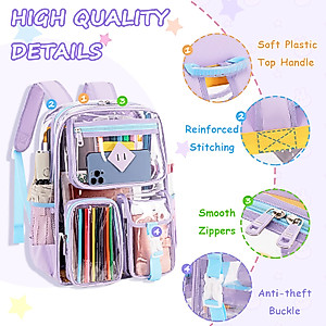 PIG PIG GIRL Clear Backpack for School,Heavy Duty PVC Transparent Bookbag for Girls Stadium Approved See Through Backpack for Women for College Work Travel Festival,Purple and Blue