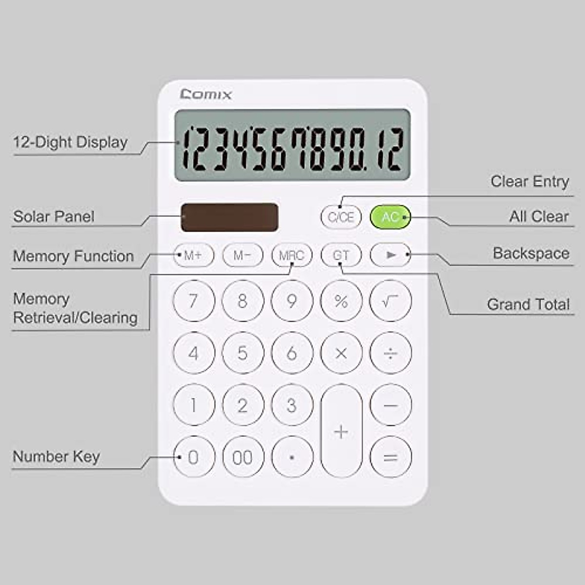 Comix Desktop Calculator with Large LCD Display and Big Button, 12 Digits Baisc Calculator, Standard Calculator, Solar Battery Dual Powered, for Office Home School & Business Use (White)