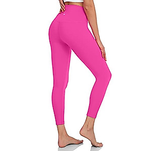 HeyNuts Pure&Plain 7/8 High Waisted Leggings for Women, Athletic Compression Tummy Control Workout Yoga Pants 25'' Sonic Pink L(12)