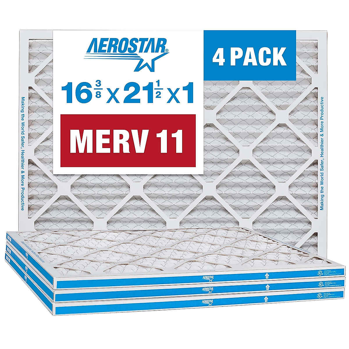 Aerostar 16 3/8 x 21 1/2 x 1 MERV 11 Pleated Air Filter, AC Furnace Air Filter, 4 Pack (Actual Size: 16 3/8"x21 1/2"x3/4")