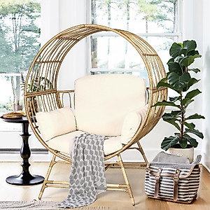 LHBcraft Wicker Round Egg Chair, Oversized Indoor Outdoor Lounger for Patio Living Room, w/ 4 Cushions, Steel Frame, 330lbs Capacity