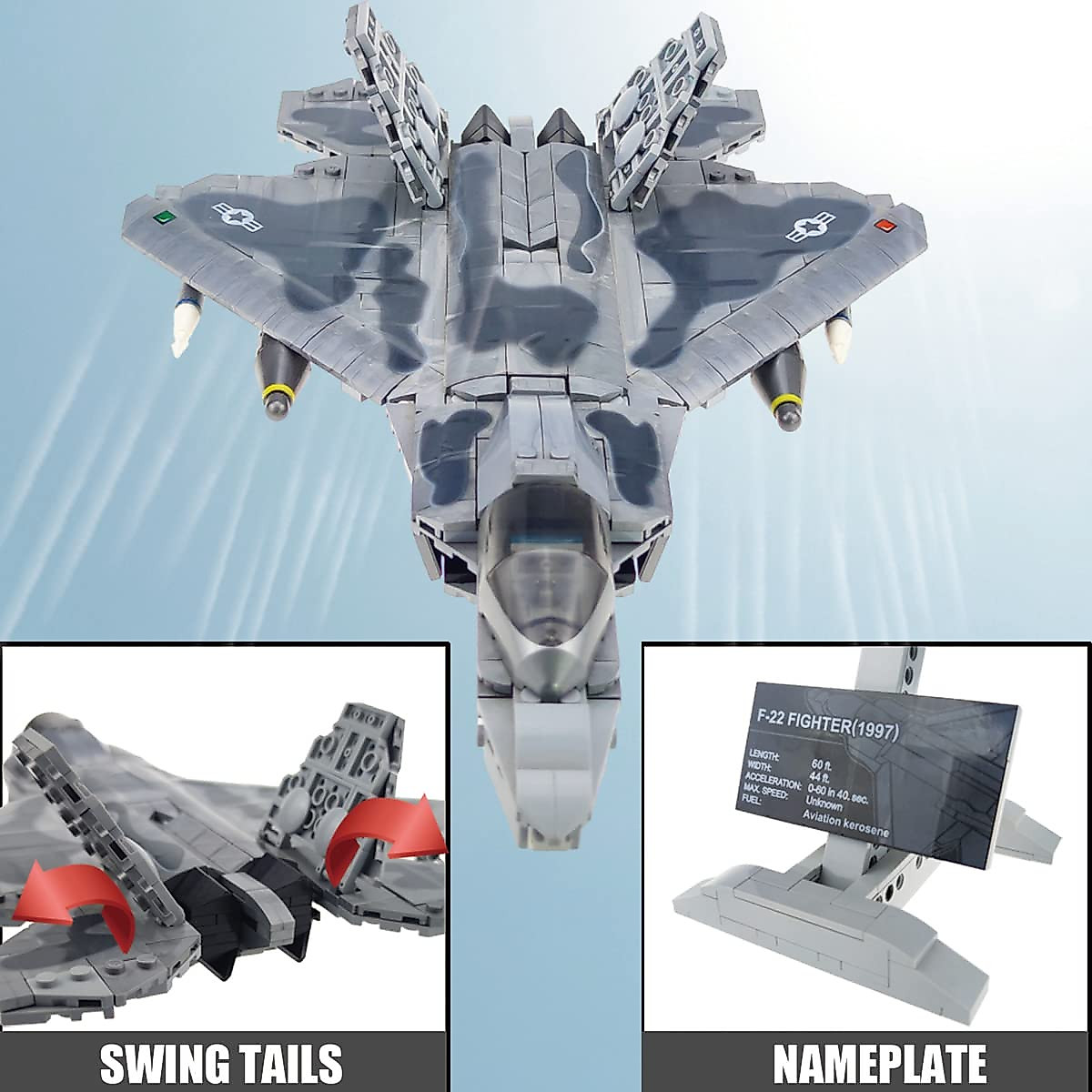 Gonli Military Building Blocks Sets 626 Pieces F22 Raptor Fighter Jet Plane Stem Building Toys for Boys Age 8-12 10015 F22 Raptors