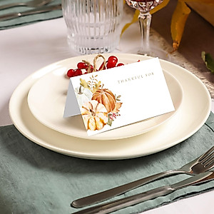 JarThenaAMCS 50Pcs Thanksgiving Table Tent Place Cards Thankful Pumpkin Guest Seating Cards Name Escort Card Folded Seat Assignment Setting Label for Fall Autumn Wedding Baby Shower Birthday
