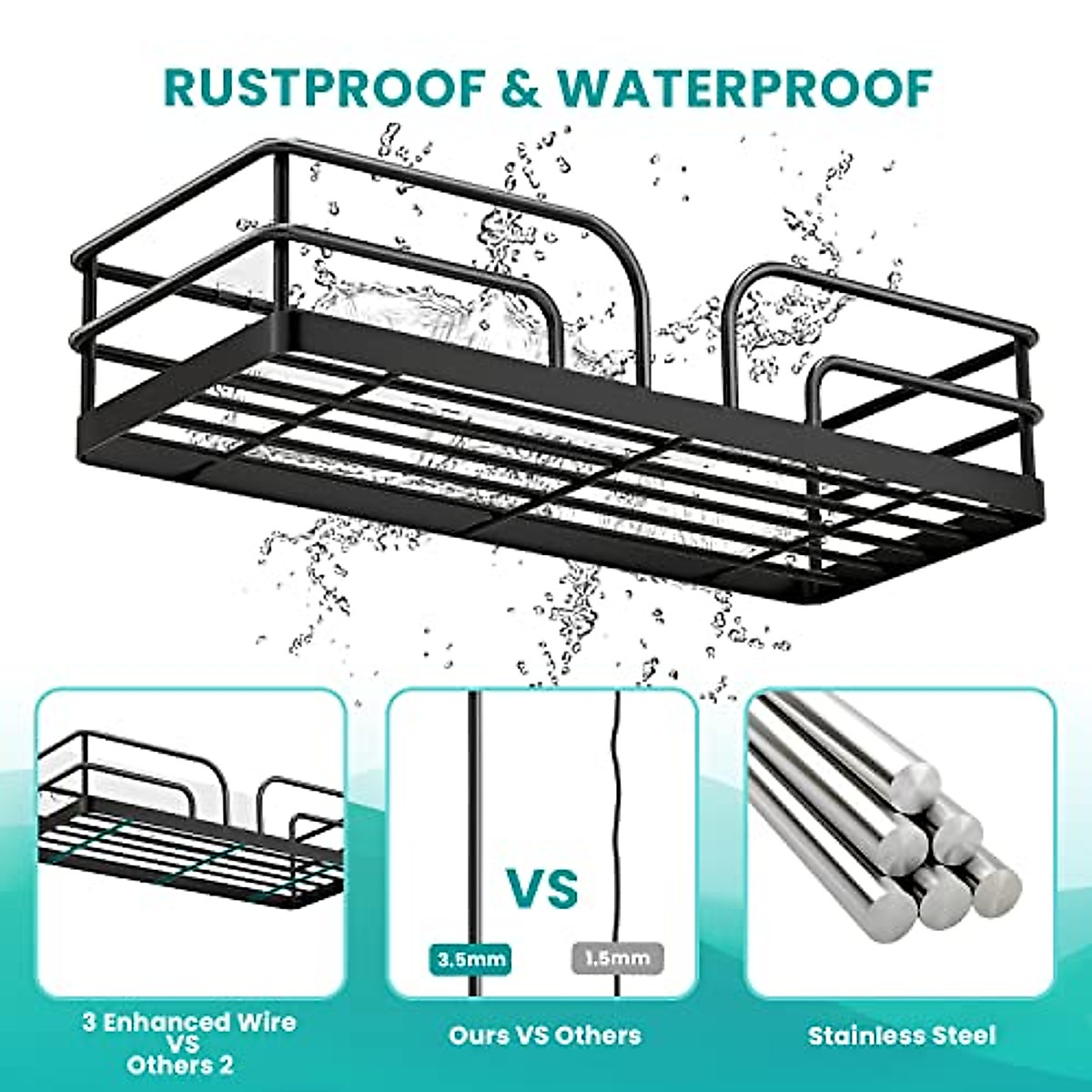 EZFurni Set of 4 Adhesive Shower Caddy, Rustproof Stainless Steel Bathroom Shower Organizer & Towel Holder Included, Solid Shower Shelves for Inside Shower,Roomy Shower Rack, Not Slide Down, Black