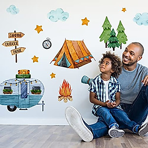 Yovkky Camping Tent Camper Kids Room Wall Decals Stickers, Neutral Outdoor Picnic RV Bonfire Nursery Playroom Decor, Pine Trees Cloud Stars Girls Boys Bedroom Home Classroom Decorations Art