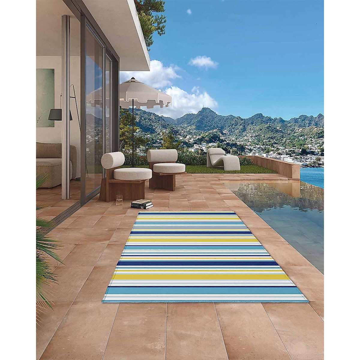 Blue Yellow Striped Outdoor Rug for Patio/Deck/Porch, Non-Slip Large Area Rug 4 x 6 Ft, Farmhouse Navy Blue Ombre Stripes Indoor Outdoor Rugs Washable Area Rugs, Reversible Camping Rug Carpet Runner