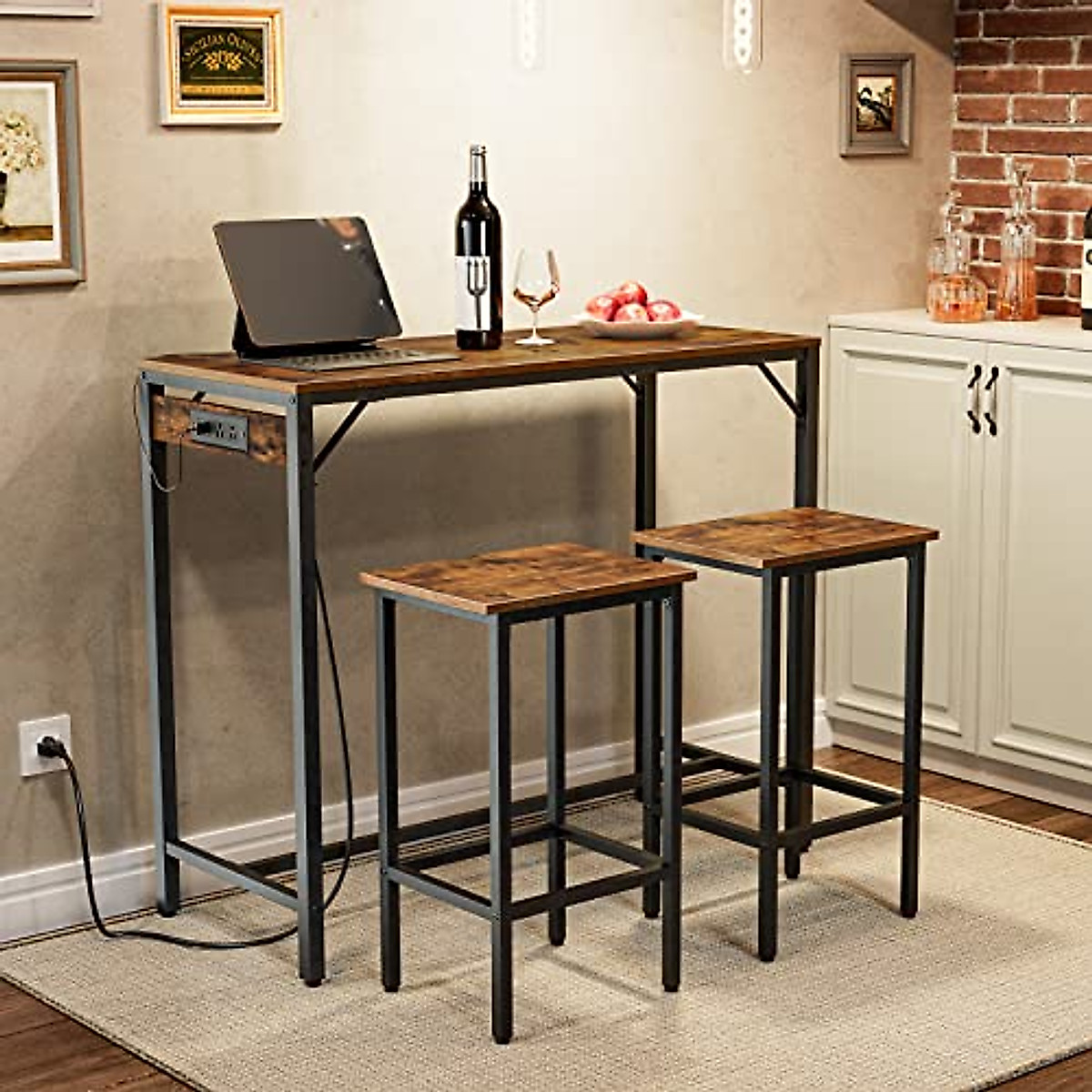 HOOBRO Bar Table Set with Power Outlet, Bar Table and Chairs Set, 3-Piece Pub Table Set, Kitchen Bar Height Table with Stools of 2, for Living Room, Dining Room, Rustic Brown and Black BF45UBT01
