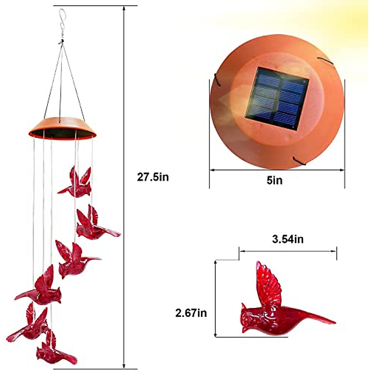 Cardinal Wind Chimes, Cardinal Bird Wind Chimes, Solar Powered Chime Light, Wind Chimes for Loss of Love, Hummingbird Decor for Patio, Deck, Yard, Garden, Home