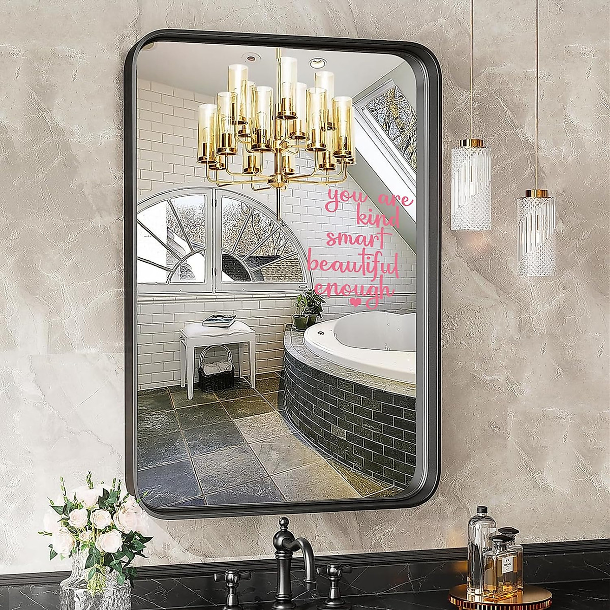 2x Bathroom Decal,Vinyl Mirror Decal,Positive Affirmation Decal,Bedroom Wall Decals,Affirmation Stickers for Mirror, for Kids, for women, Bathroom Decal,Vanity Mirror Decal (pink)