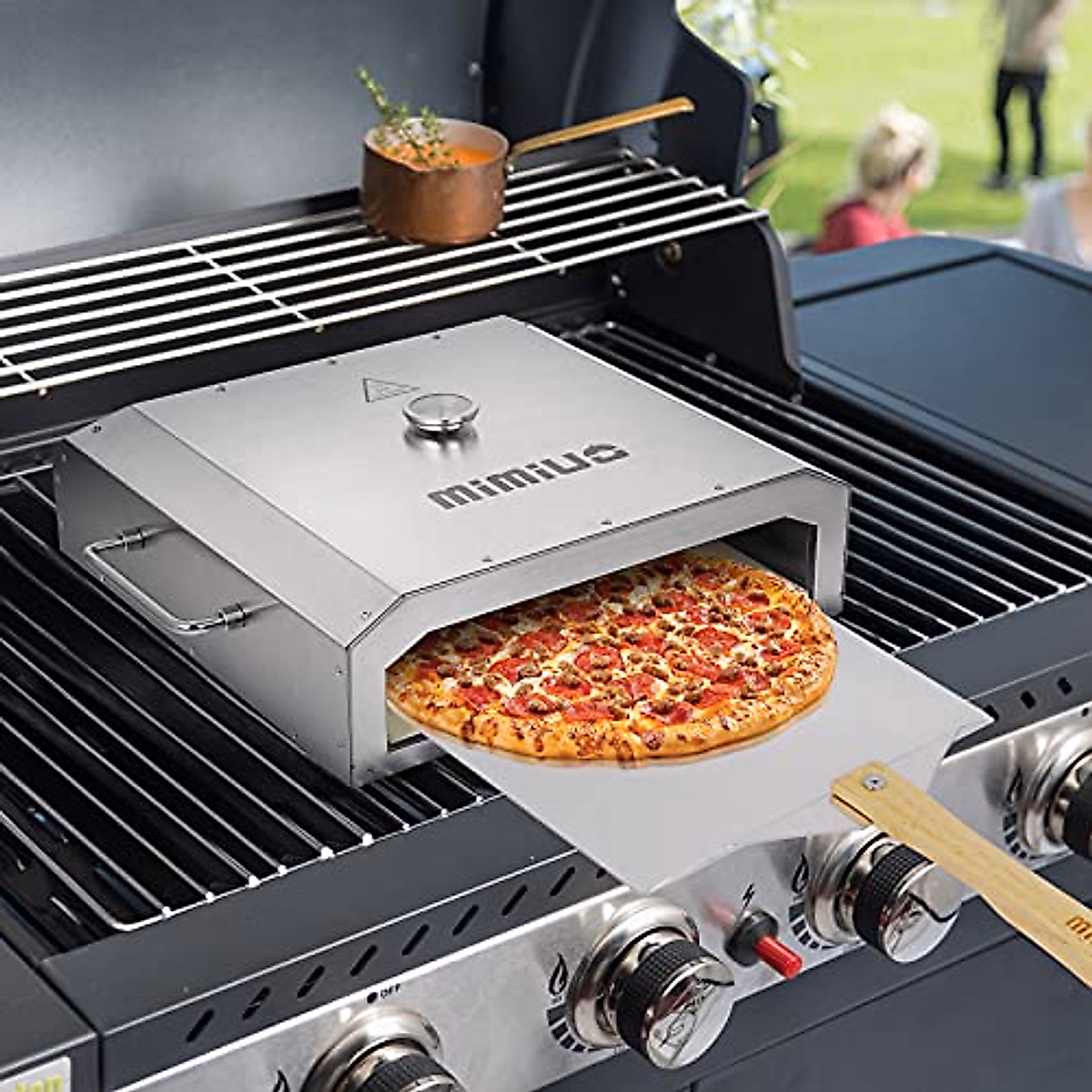 Mimiuo Portable Barbecue Pizza Top Oven Kit with 13" Pizza Stone and Foldable Pizza Peel - Stainless Steel Gas Grilled Pizza Oven for Most Gas Grill Charcoal Grill Pellet Grill & Other Grills
