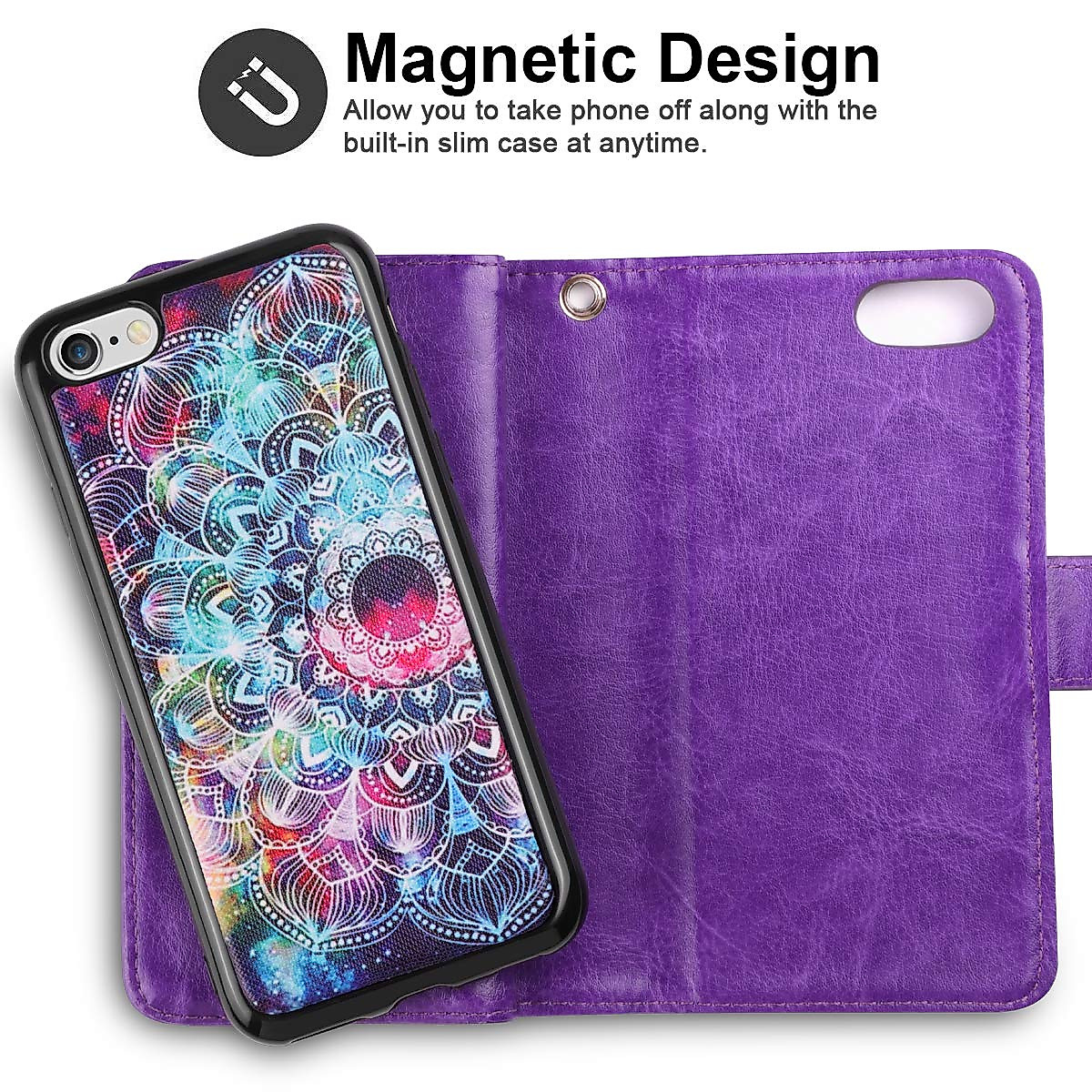 Vofolen 2-in-1 Case for iPhone 8 case iPhone 7 SE 2020 Wallet Card Holder Slot Detachable Strap Protective Slim Hard Shell Magnetic PU Leather Folio Pocket Flip Cover for iPhone 7 8 SE2 Mandala Purple