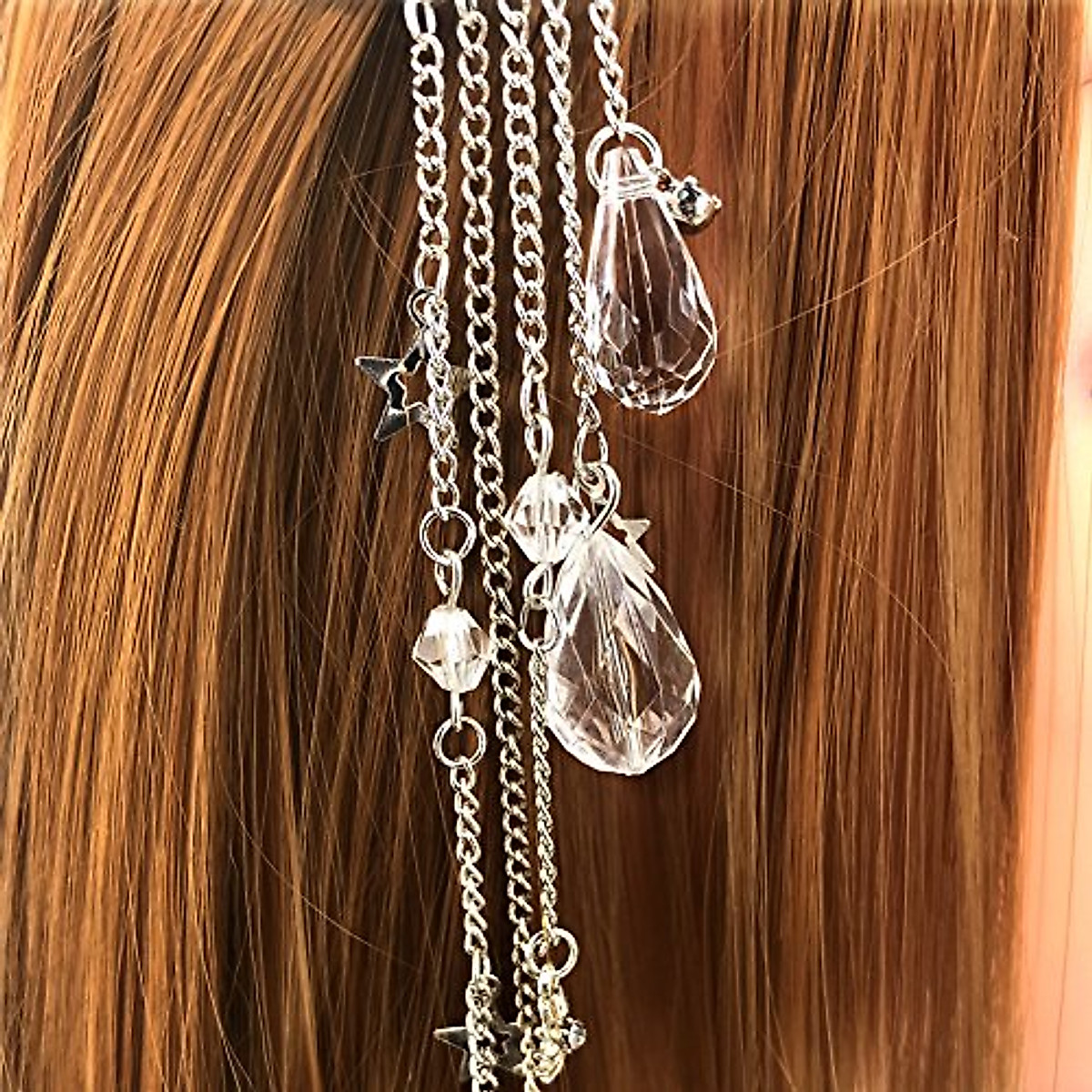 QTMY Moon Rhinestone Tassel with Crystal Beads Charms Hair Clip Pin Hair Chain Jewelry Hair Accessories (Silver)