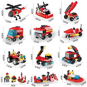 DESOOA Mini Building Blocks Fire Truck Sets, 12 Boxes STEM Mini Building Toys with Construction Trucks Fire Trucks Police Cars Plane for Boys Girls Birthday