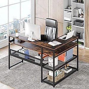 Tribesigns L-Shaped Computer Desk with Monitor Shelf Stand, L Shaped Corner Desks with Large Wood Desktop Industrial Heavy Duty Metal Frame Storage Shelves for Office Home, Rustic Brown Black