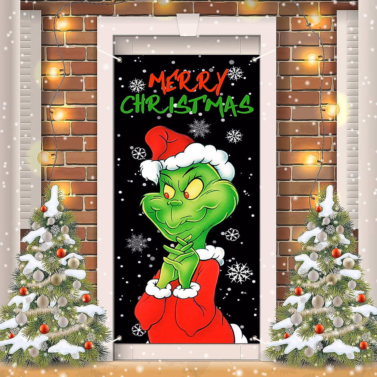 Christmas Door Cover Decorations Green Backdrop Merry Christmas Porch Sign for Indoor Outside Front Door Party Supplies（29.5x70.8in）