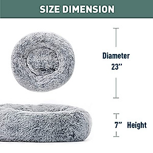 Eterish 23 inches Fluffy Round Calming Dog Bed Plush Faux Fur, Anxiety Donut Dog Bed for Small Dogs and Cats, Pet Cat Bed with Raised Rim, Machine Washable, Light Grey