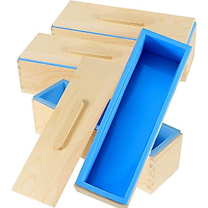 MAHIONG 3PCS 47oz Blue Silicone Soap Molds Kit, Rectangular Silicone Loaf Soap Making Molds with 3 Wooden Boxes and 3 Lids, DIY Supplies for Soap Making