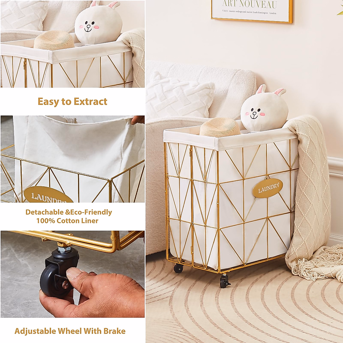 Mxfurhawa Laundry Hamper, Collapsible Laundry Basket Large Capacity 110L Metal Laundry Hamper with Removable Liner, Rolling Wheels and Collapsible Design for Clothes Storage and Organization (Gold)