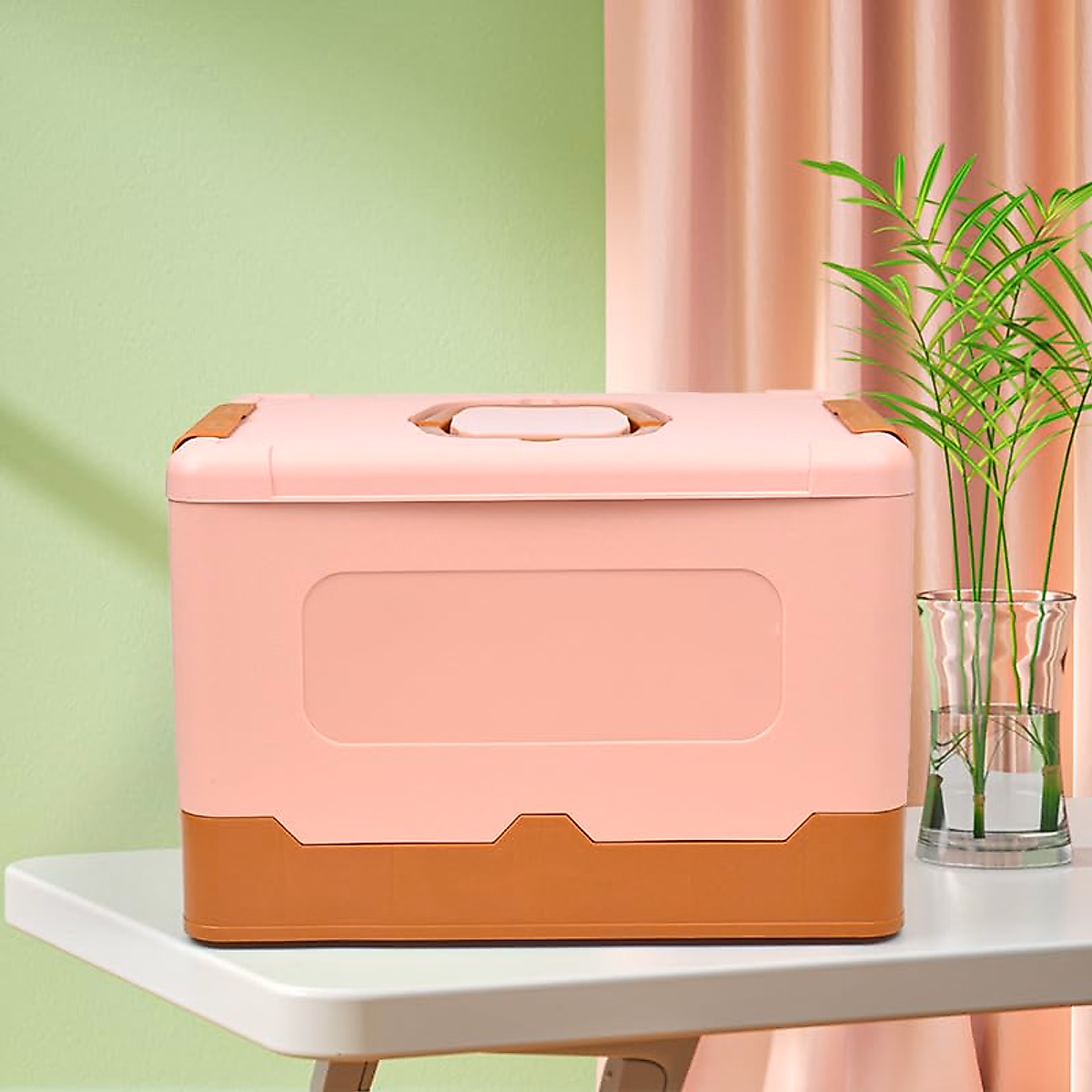 Angulu Collapsible Storage Bin with Lid, 13 * 9IN Folding Plastic Stackable Utility Crates, Plastic Storage Containers with Handles,Portable Storage Box for Camping, Outdoor/indoor (Pink,1Pcs)