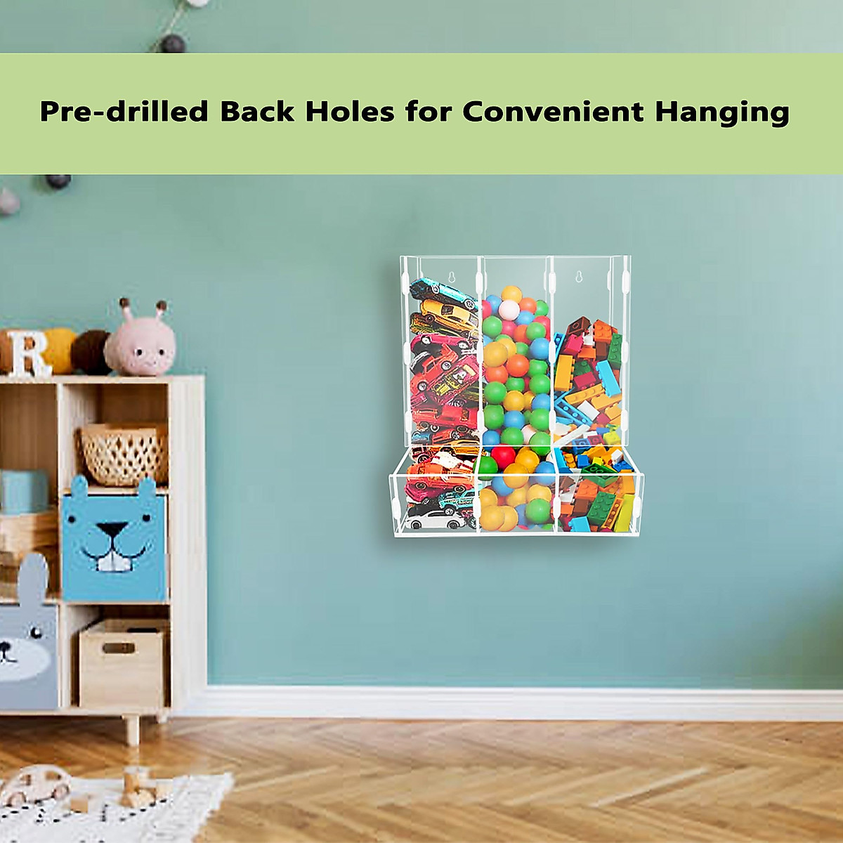 Montex Acrylic Wall Toy Dispenser, Play Room Organization Acrylic Wall Organizer Clear Hanging Organizer for Kid's Playroom, Blocks, Cars, Snacks (Three Compartment)