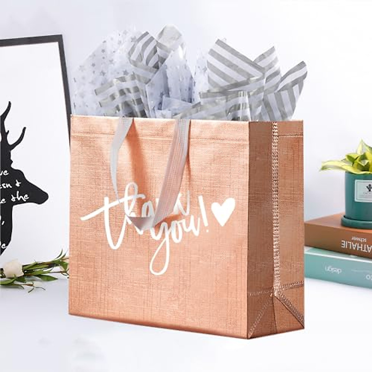 SHIPKEY 10 Pack Rose Gold Grocery Bags with Tissue Paper, 12.5x4.7x11 Inches Thank You Shopping Bags, Water-proof Packing Bags for Christmas, Easter Day, and Weddings (32x12x28 cm)
