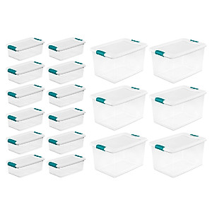 Sterilite Clear 6 Quart Easy Latching Storage Box with White Lid, 12 Pack, and Clear 64 Quart Easy Latching Storage Box with White Lid, 6 Pack
