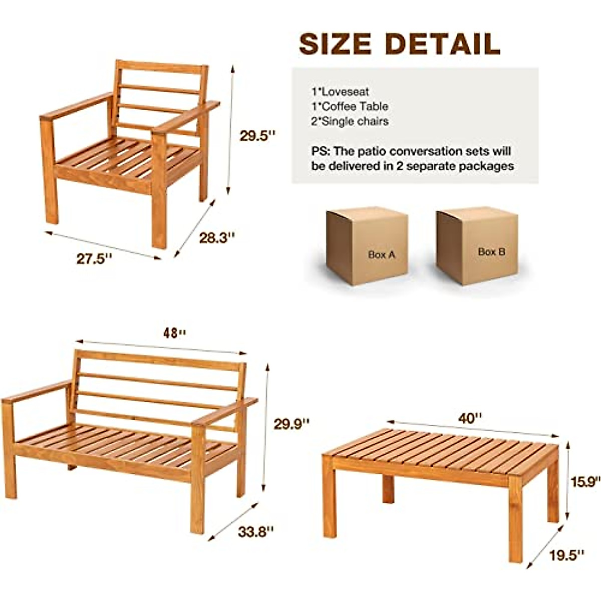 YOLENY 4 Piece Patio Conversation Set, Outdoor Coffee Table with Soft Cushions Chairs, Wood Furniture Set Outdoor Sofa Set for Garden, Poolside, and Backyard