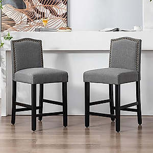 LSSPAID Bar Stools Set of 2, 24 inch Counter Height Bar Stool Kitchen Island Wood Bar Chairs, Fabric Upholstered Barstools with Bronze Nail Backrest, Grey