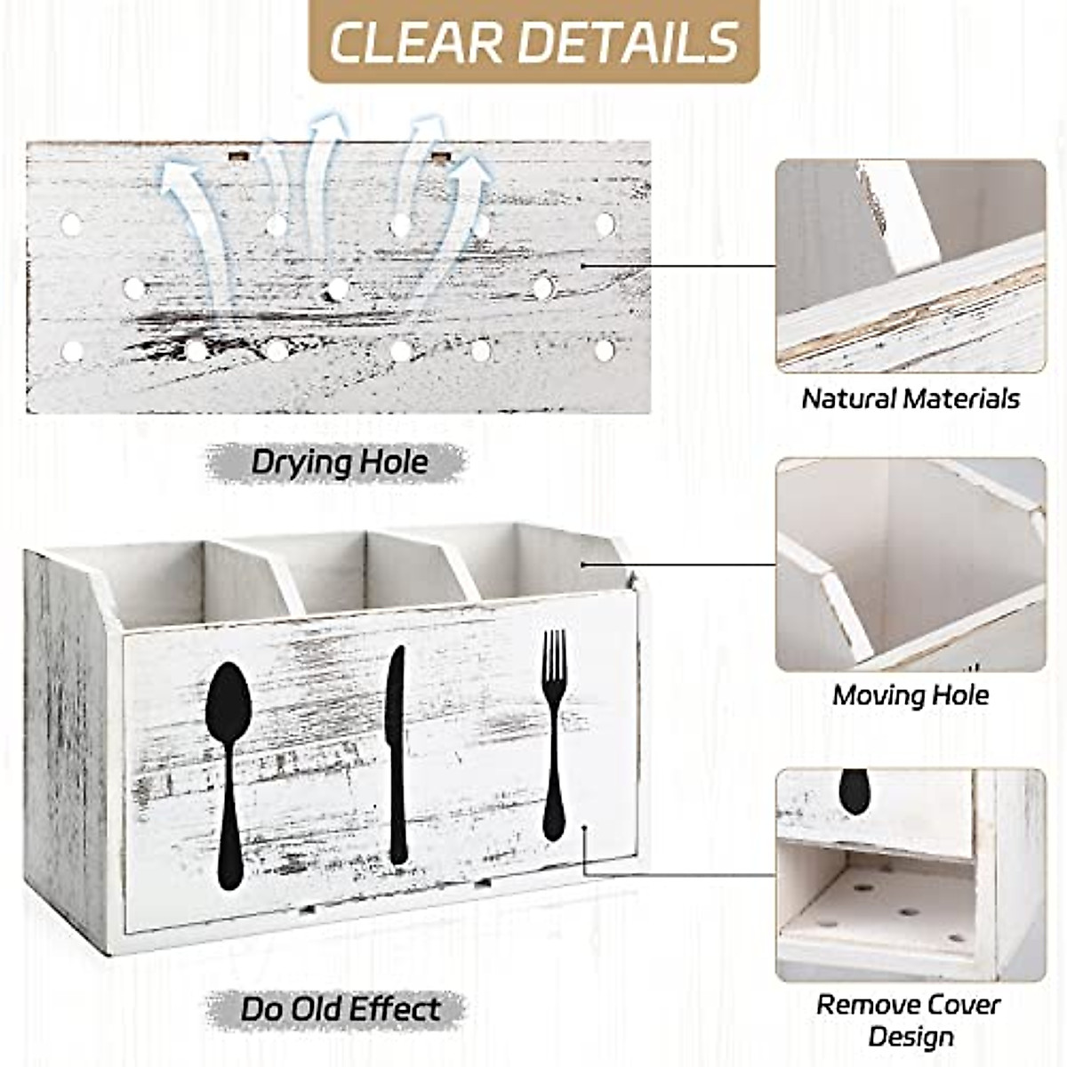 Geelin Kitchen Utensil Holder for Countertop Wood Utensil Holder with 3 Compartments Wood Utensil for Kitchen Counter Rustic White Wood Utensil Caddy Cooking Utensil Organizer