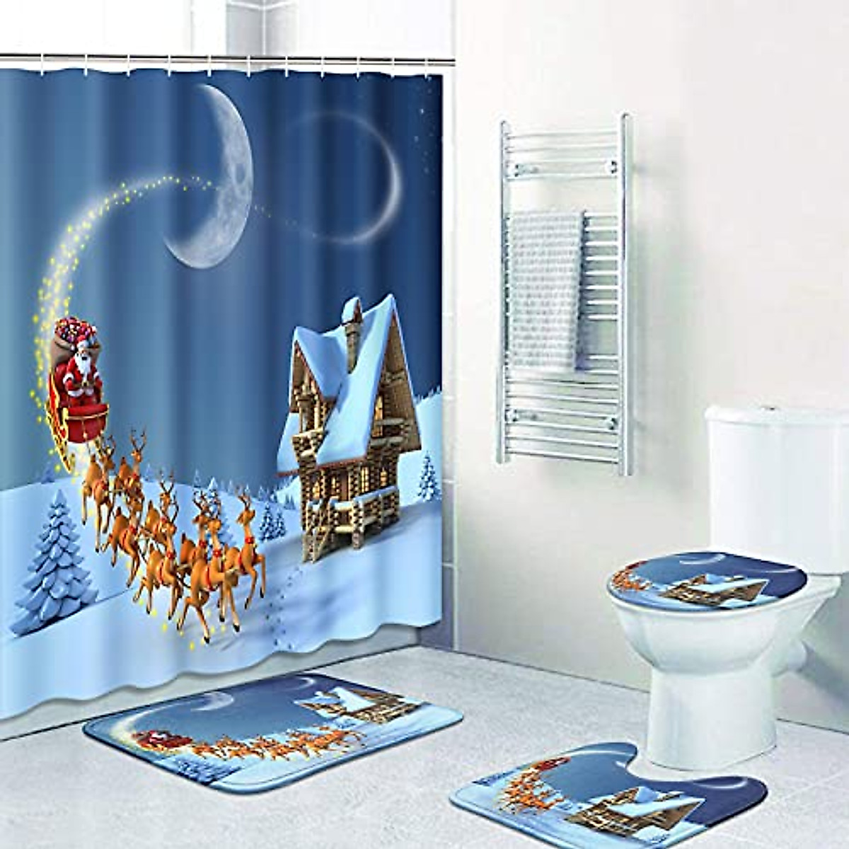 ArtSocket 4 Pcs Shower Curtain Set Christmas Night Scene Santa Claus with Non-Slip Rugs Toilet Lid Cover and Bath Mat Bathroom Decor Set 72" x 72"