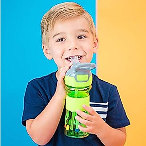 Nuby Thirsty Kids Push Button Flip-it Soft Spout on The Go Water Bottle with Easy Grip Band, Green Cactus, 12 Ounce