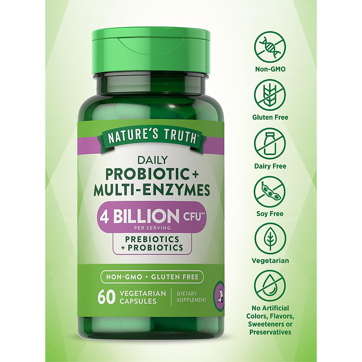 Nature's Truth Probiotics with Enzymes | 60 Capsules | Stomach Friendly for Men and Women | Non-GMO and Gluten Free Digestive Health Supplement