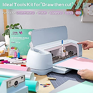 GO2CRAFT Accessories Bundle for Cricut Makers and All Explore Air, 21Pcs Perfect Draw Then Cut Tools, Deep Cut Housing, Replacement Cutting Blades, 12 Colors Dual Tip Pens, Pens Adapters