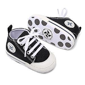 Baby Boys Girls Star High Top Sneaker Soft Anti-Slip Sole Newborn Infant First Walkers Canvas Denim Shoes (13cm, A-Black, 12_Months)