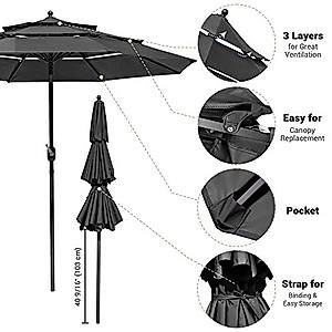 Yescom UV70+ 3-Tiers 11ft Solar Powered LED Patio Umbrella with Crank Tilt for Garden Yard Pool Market Deck Table Black