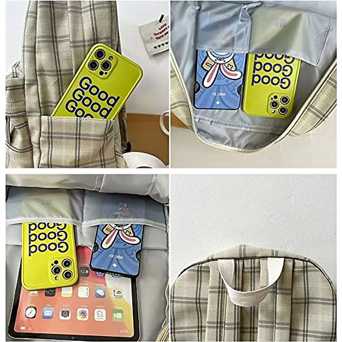 MININAI Light Academia Backpack Aesthetic Plaid Preppy Laptop Backpack Checkered Rucksack for College Travel Work (One Size,Sage Green)