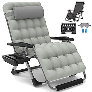 Slendor Oversized Padded Zero Gravity Chair XXL, 33inch Zero Gravity Recliner, Folding Reclining Lounge Chair,Indoor Outdoor Patio Chairs with Pillow, Cushion, Footrest,Cup Tray, Support 500lbs, Grey