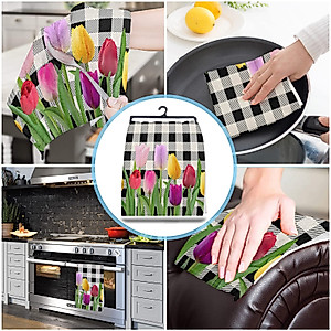 Mother's Day Kitchen Dish Towel Set of 1, Spring Tulip Flower Floral Black White Buffalo Plaid Hand Towels, Ultra Soft Absorbent Drying Cloth Tea Towels for Kitchen Bathroom Bar Hotel 18 x 28 Inches