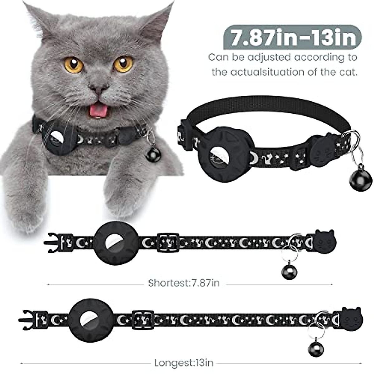 Airtag Cat Collar, Cat Airtag Collar with Bell, Cat Collar Airtag Holder Breakaway in 3/8" Width, Refective Cat GPS Tracker Collar Compatible with Apple Airtag for Cat Dog Kitten Puppy (Black)