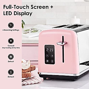 Pink Toaster, REDMOND Toaster 2 Slice with LED Touch Screen and Digital Countdown Timer, Stainless Steel Toaster with Extra Wide Slot and Cancel Defrost Reheat Function, 6 Shade Settings