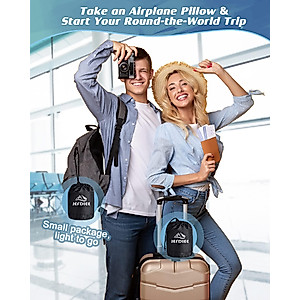 JefDiee Neck Pillows for Travel, Travel Pillow for Neck, Chin, Head Support, Airplane Pillow with Soft Washable Velour Cover, Hat, Portable Luxury Bag, 3D Sleep Mask and Earplugs (Blue)