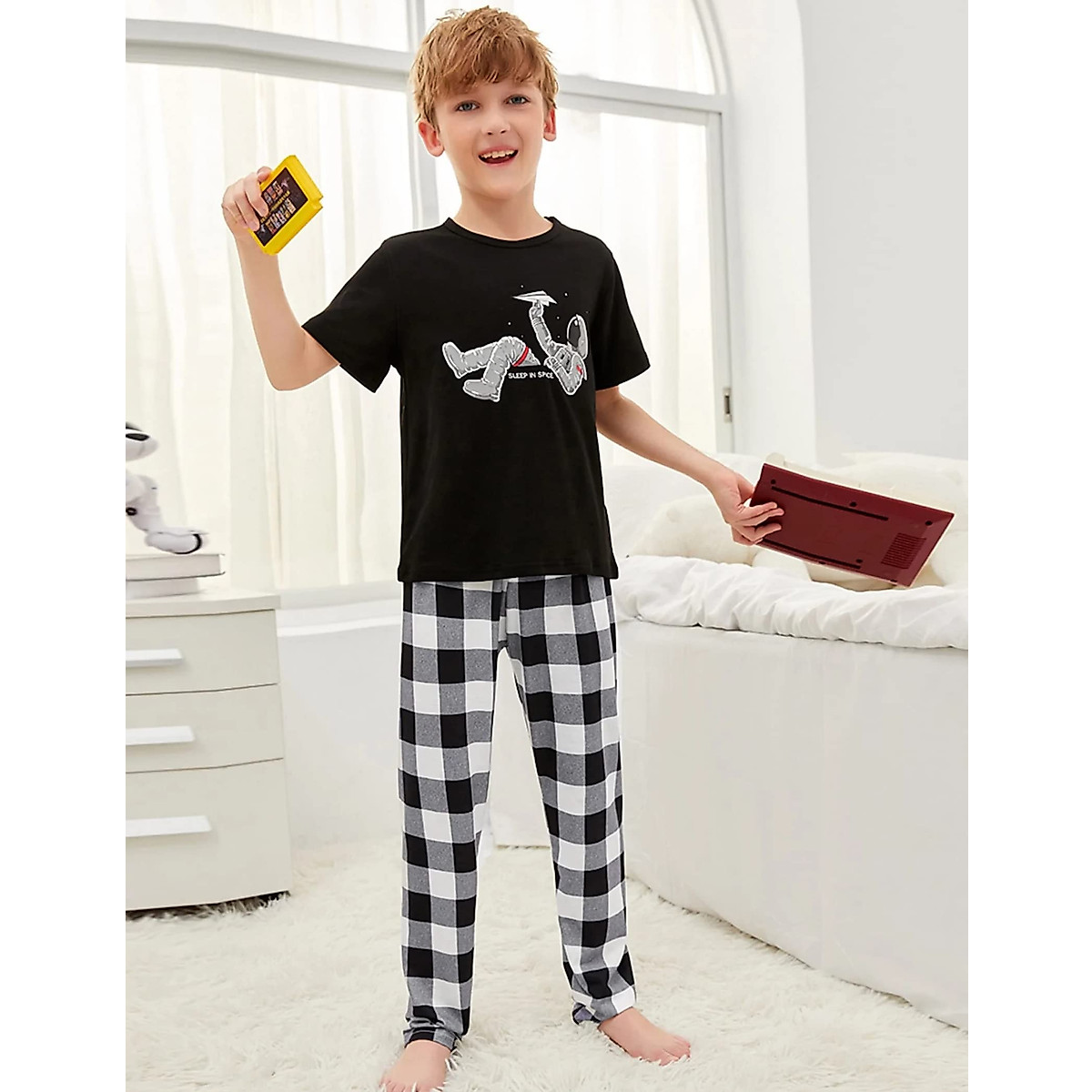 Ekouaer Boys Pajama Pants Long Sleep Pants Soft Elastic Waist Pajama Bottoms Plaid Lounge Pants with 2 Pockets