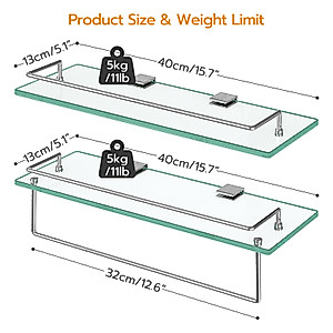 HOOBRO Glass Shelves for Bathroom, 15.7 Inch Floating Glass Shelves for Wall, Set of 2 Tempered Glass Shelf Stainless Steel Floating Shelves for Bathroom, Toilet, Room Decor, Silver SV02BJ01