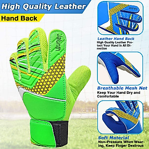 Jalunth Goalkeeper Goalie Soccer Gloves Kids Youth Goal Keeper Field Player Glove Boys Girls Ages 4-6 Years Old Anti-Slip Latex Palm Soft Pu Hand Back Green Size 5