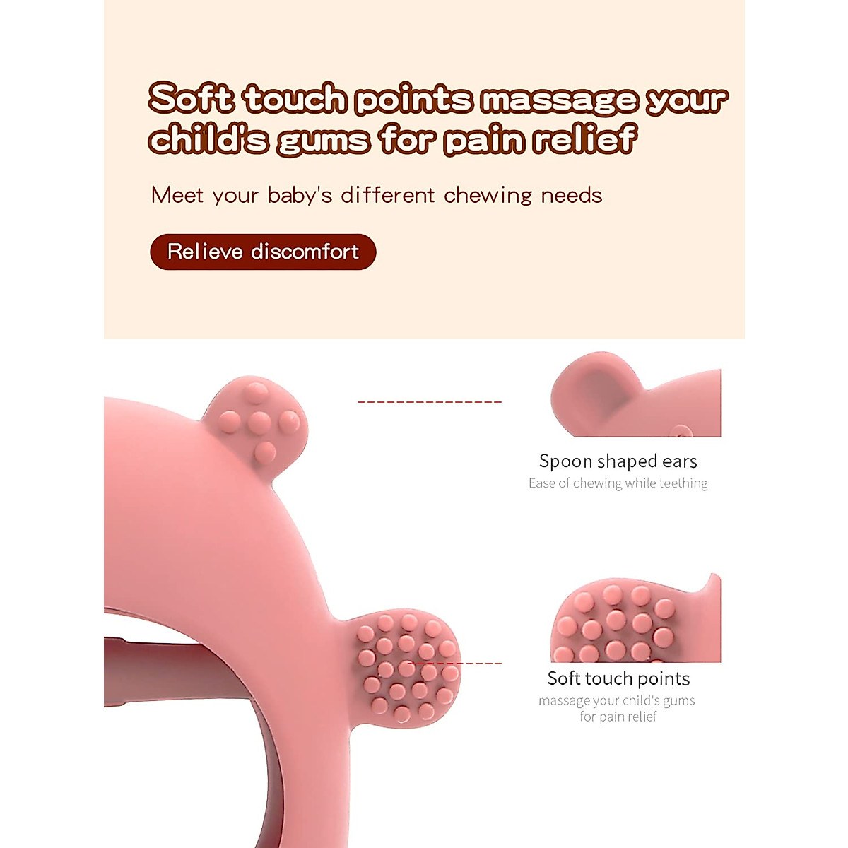 Baby Teething Toys, Foxin Bear Never Drop Silicone Teething Toys for Babies 6-12 Months,Infant Wrist Hand Baby Teether Pacifiers, Baby Chew Toys for Babies Over 3 Months Sucking Needs (Pink)