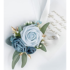 YSOJMAN Set of 2 Wrist Corsage Wristlet for Wedding Bridesmaid Mother Grandmother for Bridal Shower Wedding Artificial Roses Flower Prom (Dusty Blue)