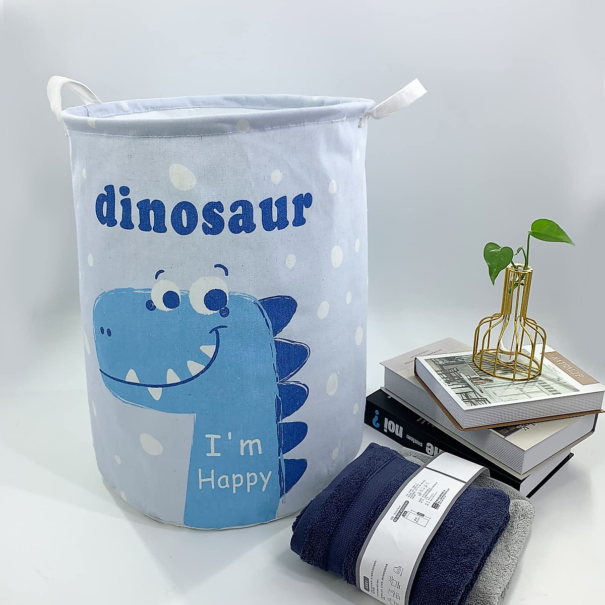 Mziart Kids Laundry Basket, Cute Collapsible Storage Baskets Baby Nursery Hamper Toys Box for Boys and Girls, Foldable Storage Bin Clothes Organizer Basket for Bedroom (Blue Dinosaur)