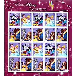 Art of Disney: Romance, Full Sheet of 20 x 39-Cent Stamps, USA 2006, Scott 4025-28