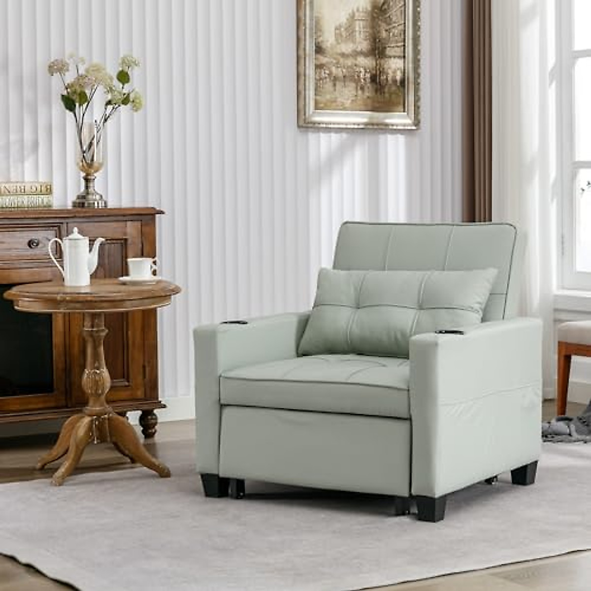 HForesty 3-in-1 Pull Out Sofa Bed, Convertible Chair Bed with USB Port, Sleeper Sofa Couch with 3-Level Adjustable Backrest, Sofa Bed Couch with Breathable Linen Fabric for Living Room, Green